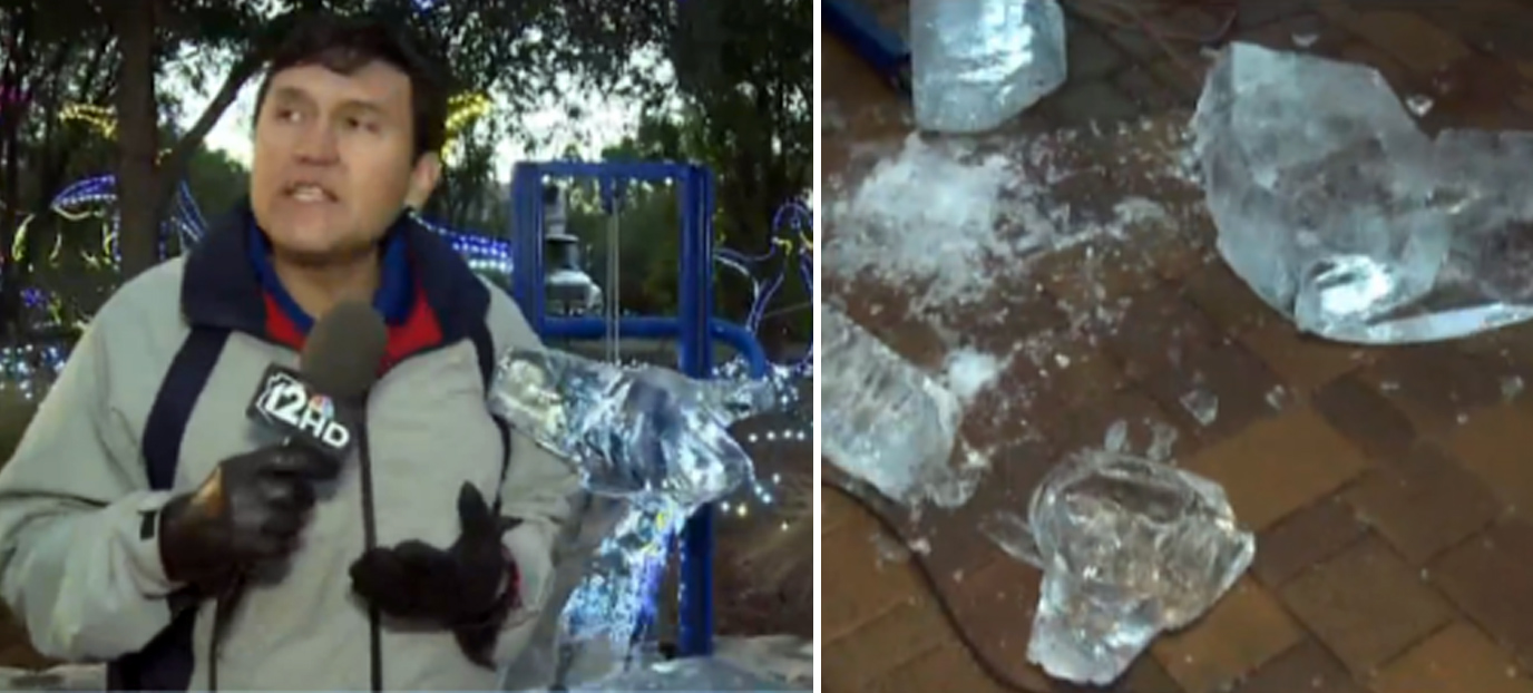 Oops! Weatherman destroys ice sculpture on live TV | khou.com